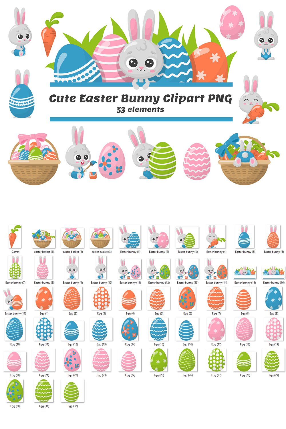 Cute easter bunny clipart png rabbit and eggs sublimation
