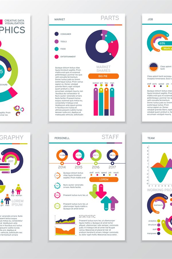 Modern business presentation documents with graphics and inf