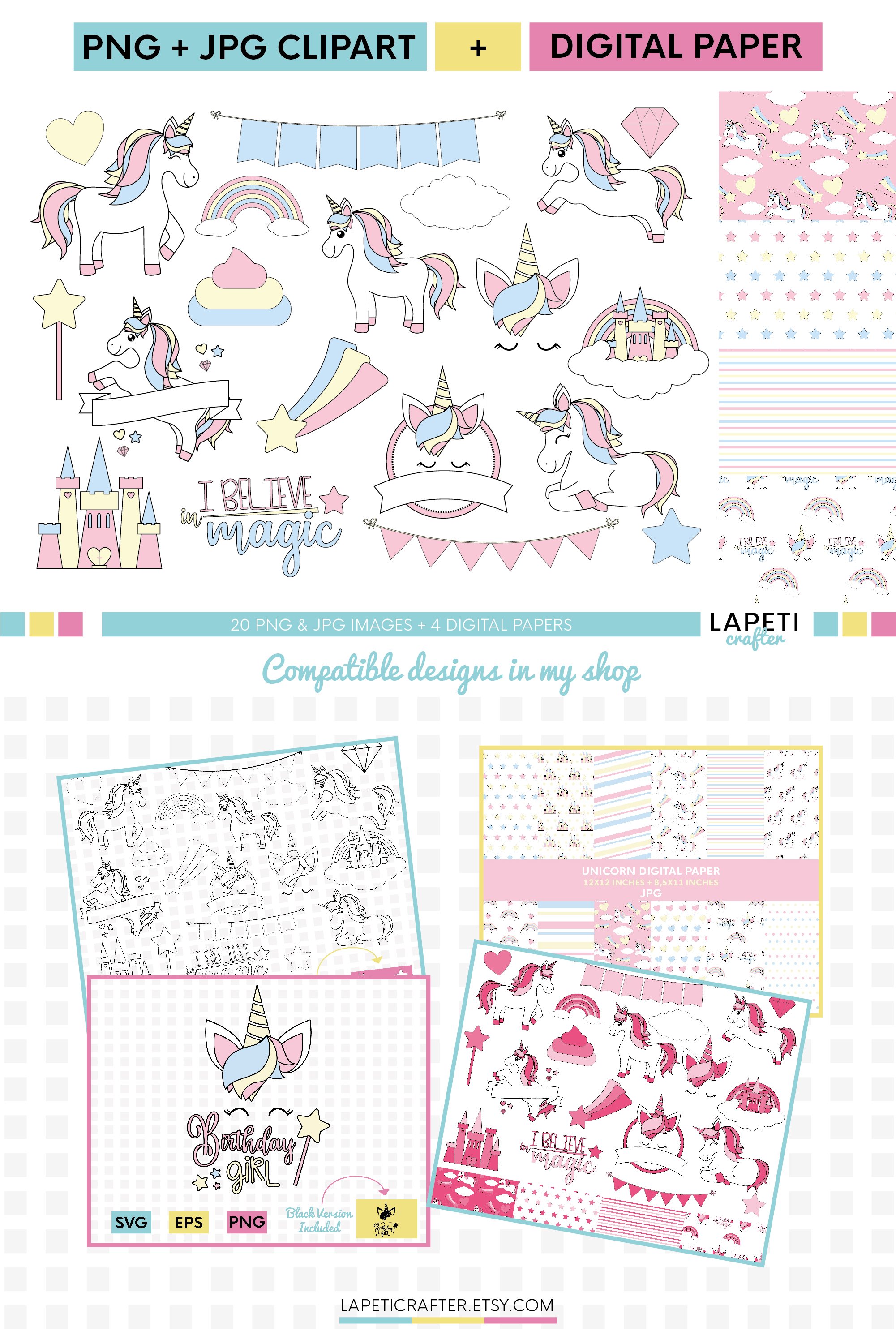 Unicorn clipart in pastel colors | 20 PNG + 4 DIGITAL PAPER