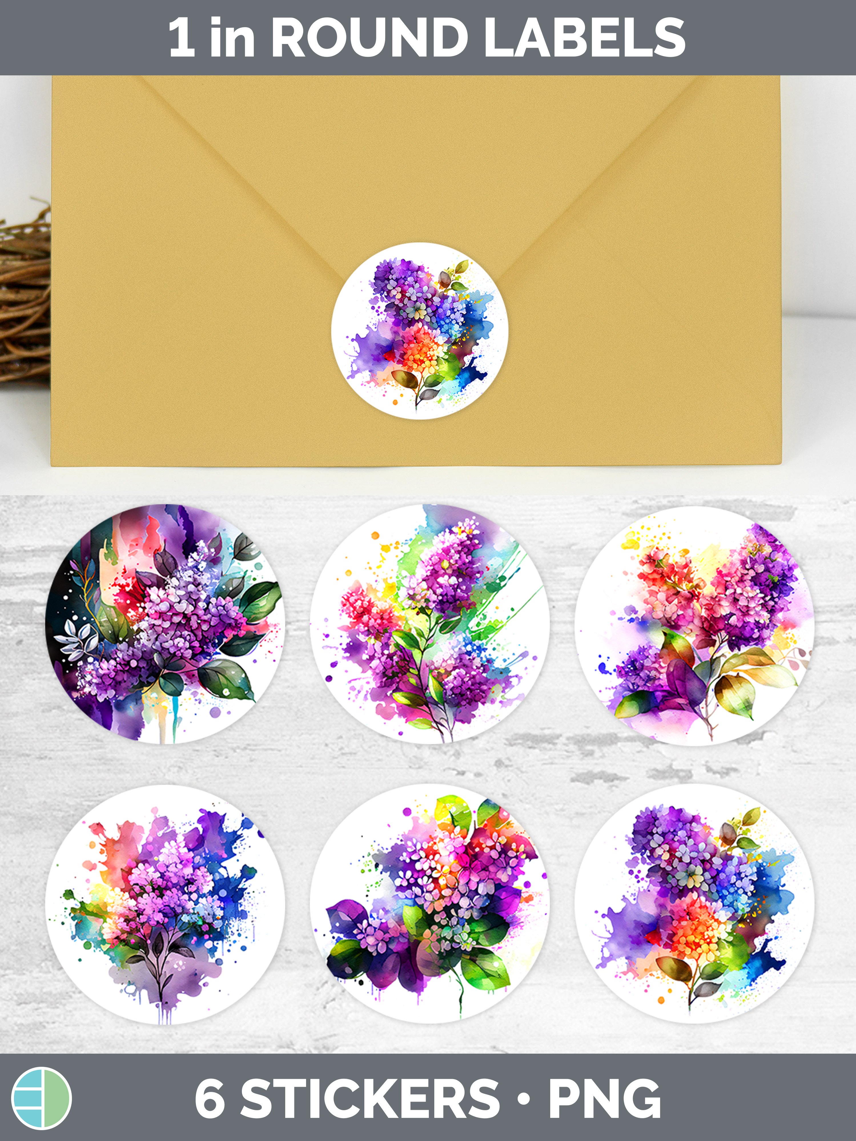 Rainbow Lilac Flowers Stickers | Round Labels Designs Bundle