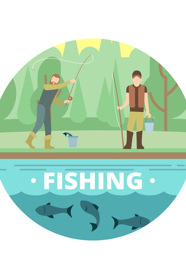 Outdoor summer activities. Fishing people with fish and equi