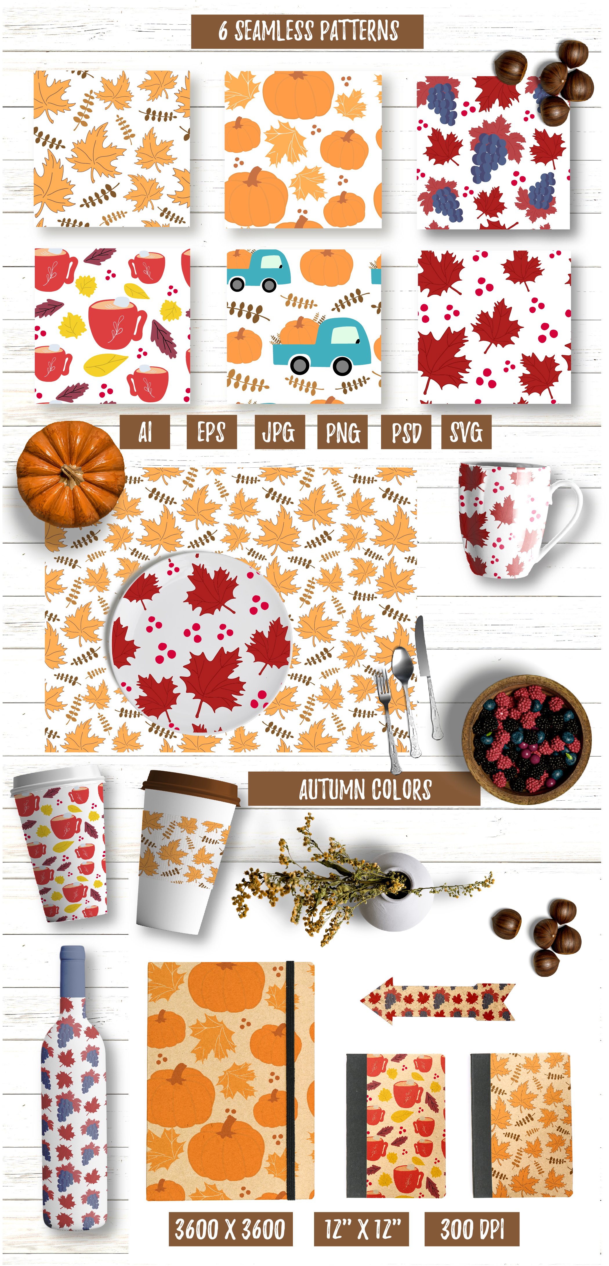 Autumn colors vector seamless patterns digital papers bundle