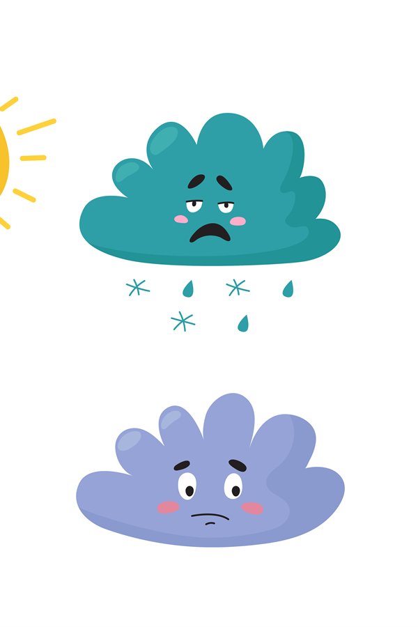 Cartoon weather clouds. Cute character, cloud emotions. Isol
