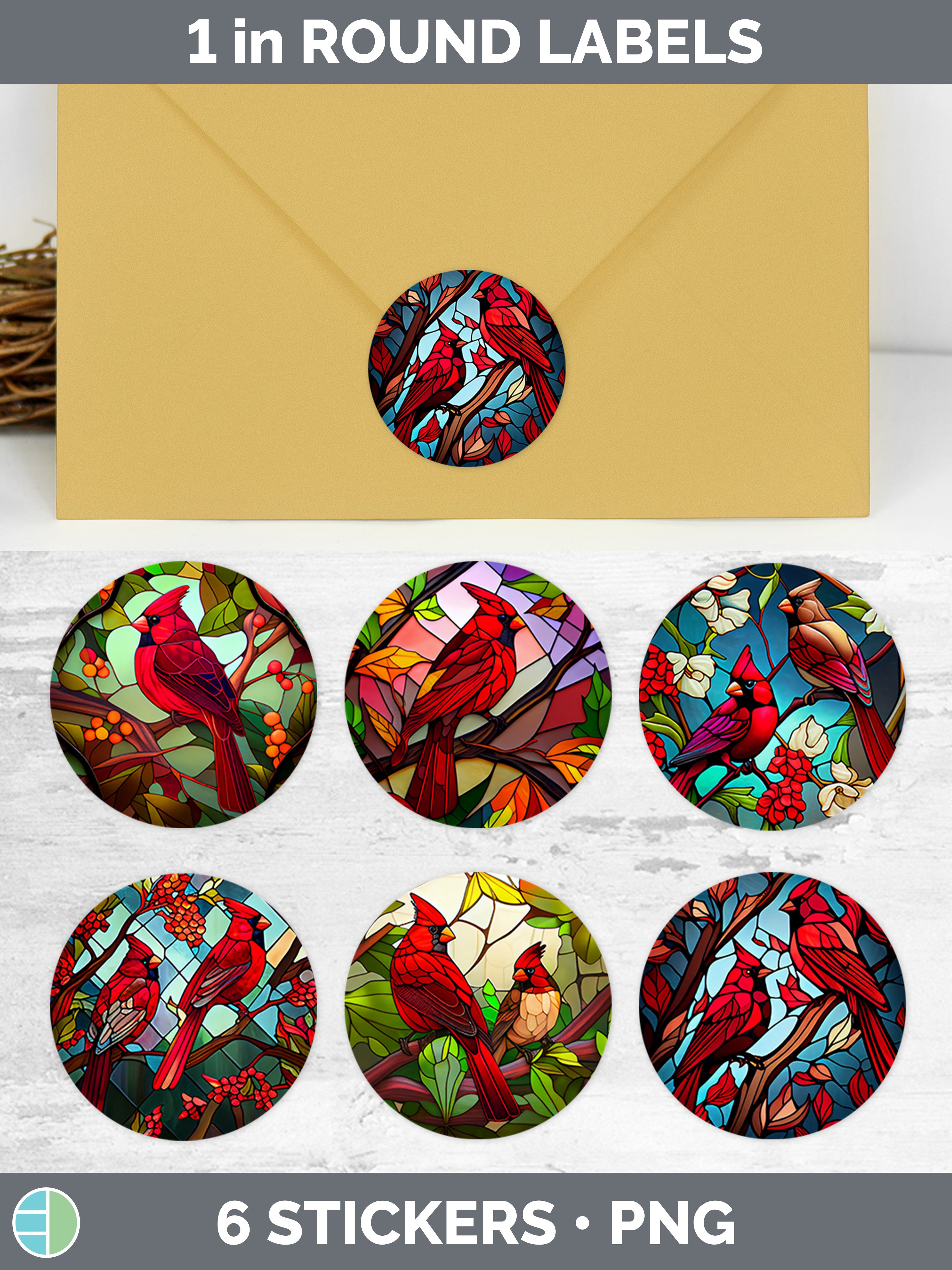 Stained Glass Cardinal Stickers | Sticker 1in Round Labels P