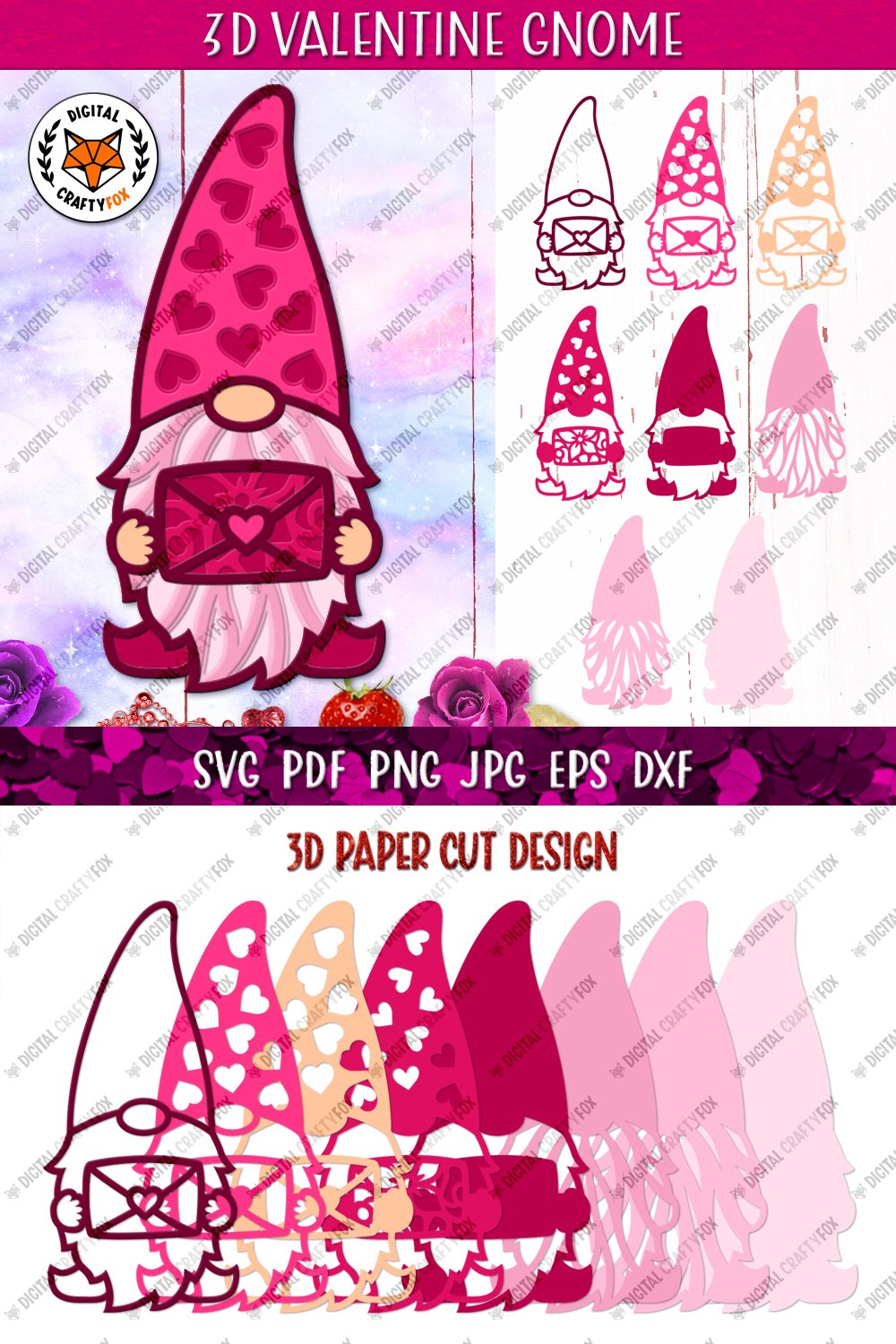 3D Valentine Gnome with Envelope , Valentines Day Paper Cut