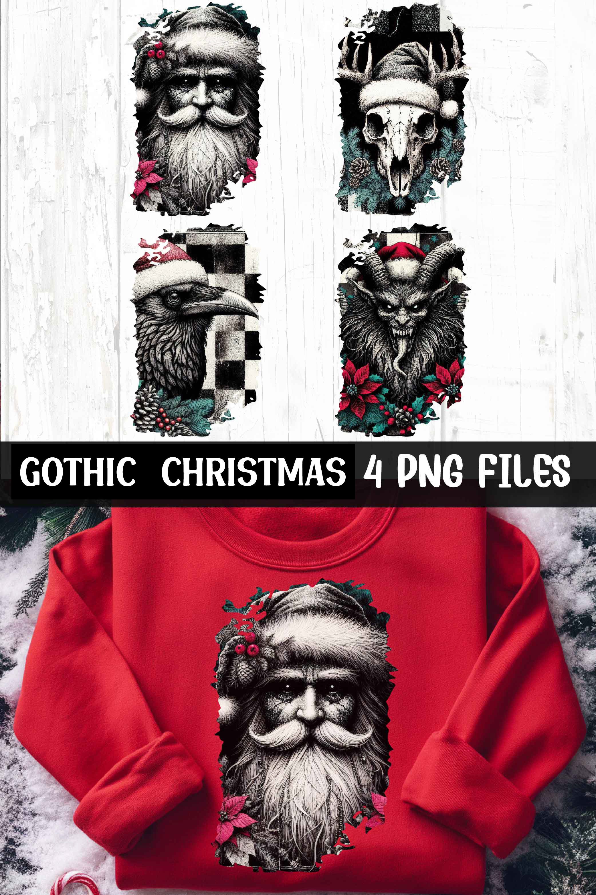 Gothic Christmas Sublimation PNG | Gothic Santa Raven Skull