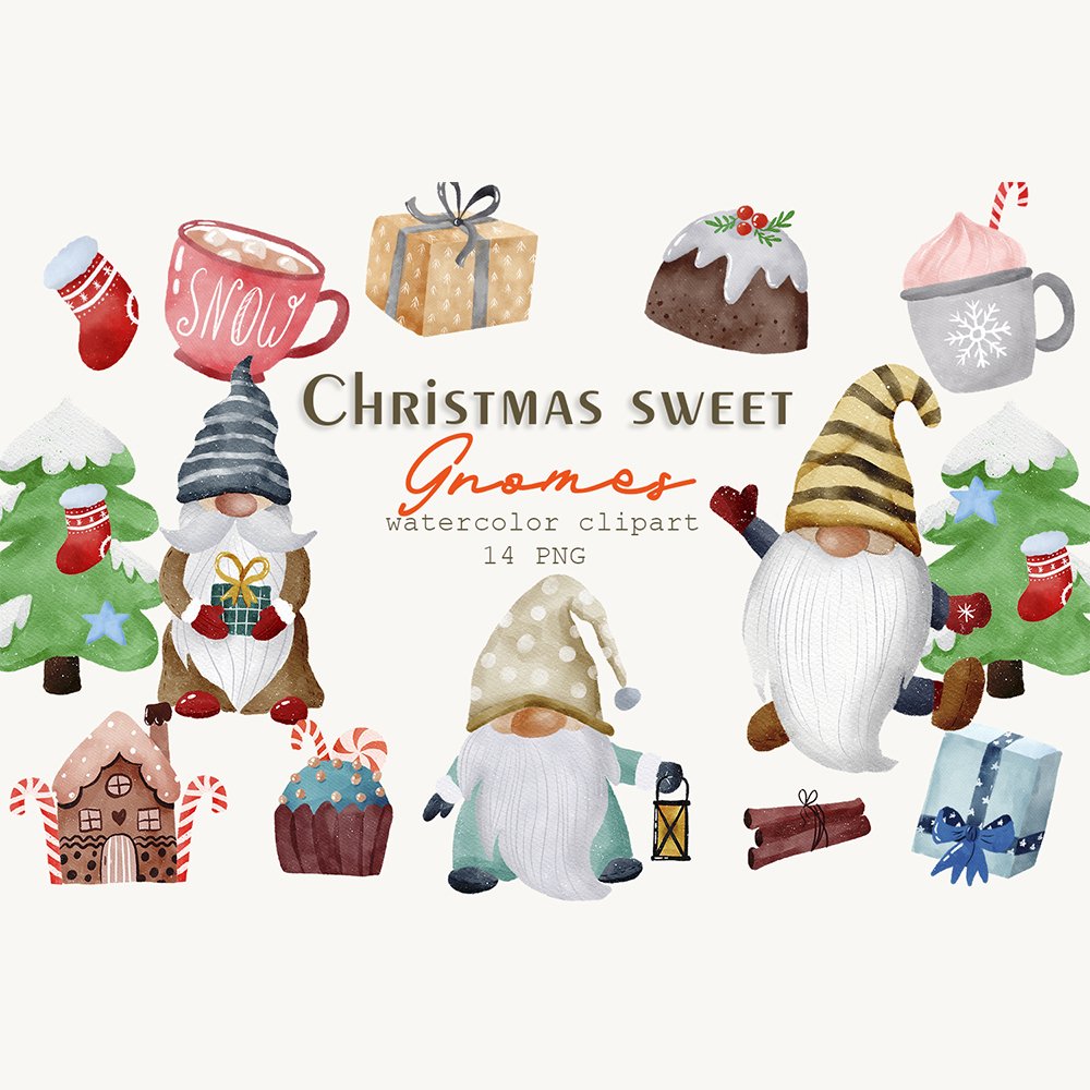 Watercolor christmas gnome clipart, Scandinavian (1606951)