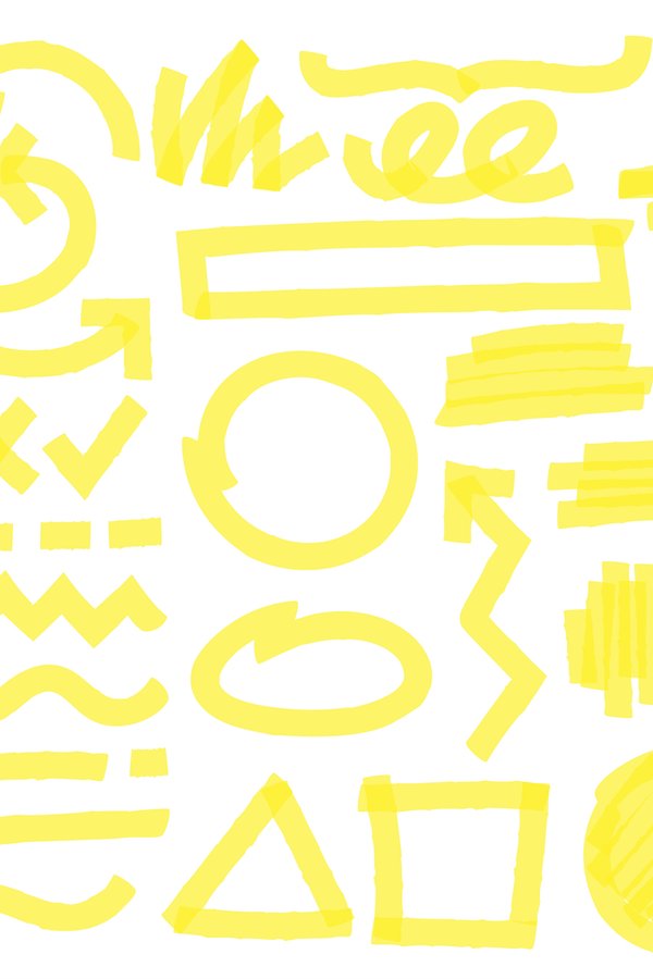 Highlight marker strokes. Yellow checkmark marks, text highl