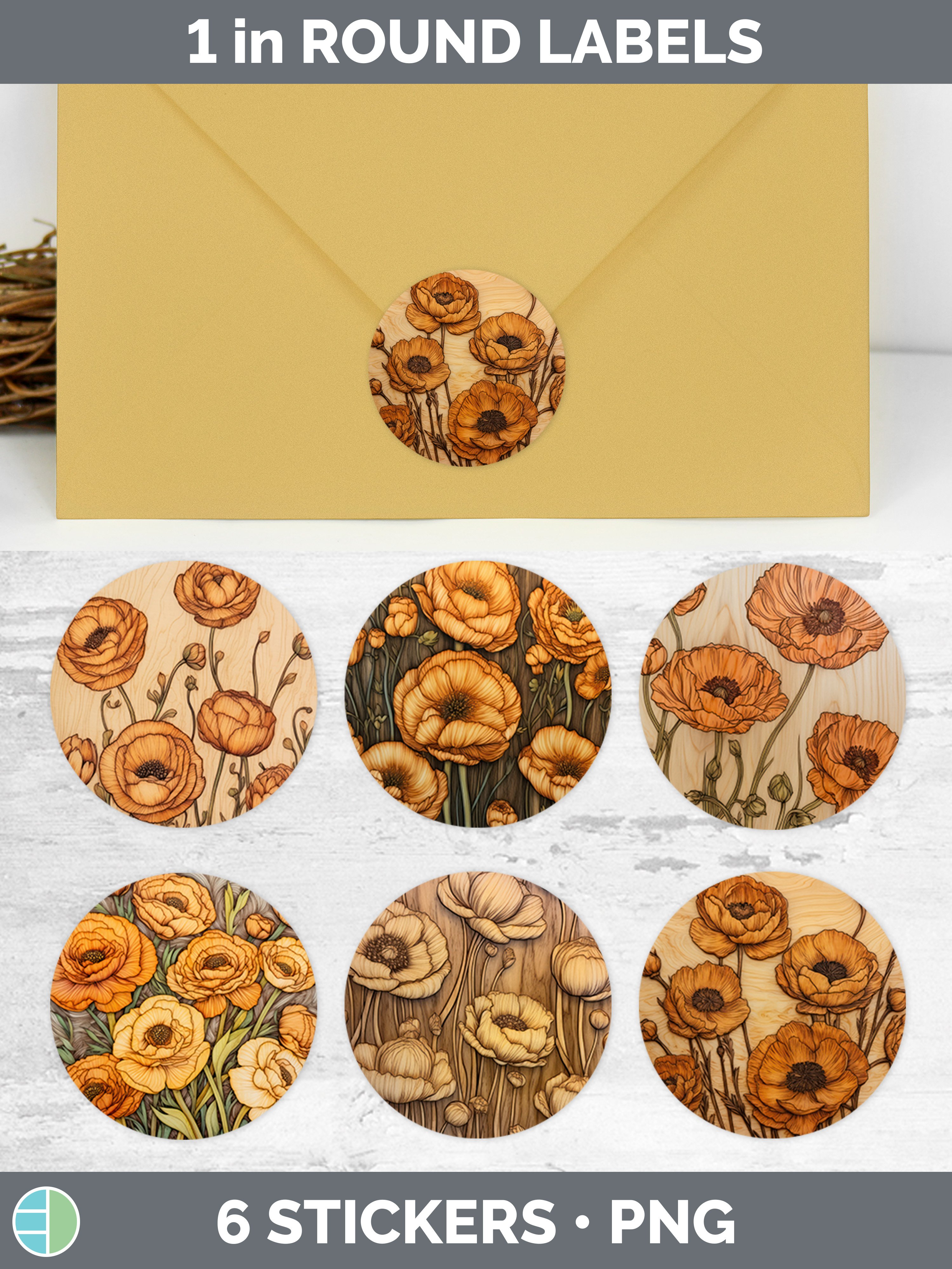 Wood Burned Ranunculus Flowers Stickers | Round Labels Desig