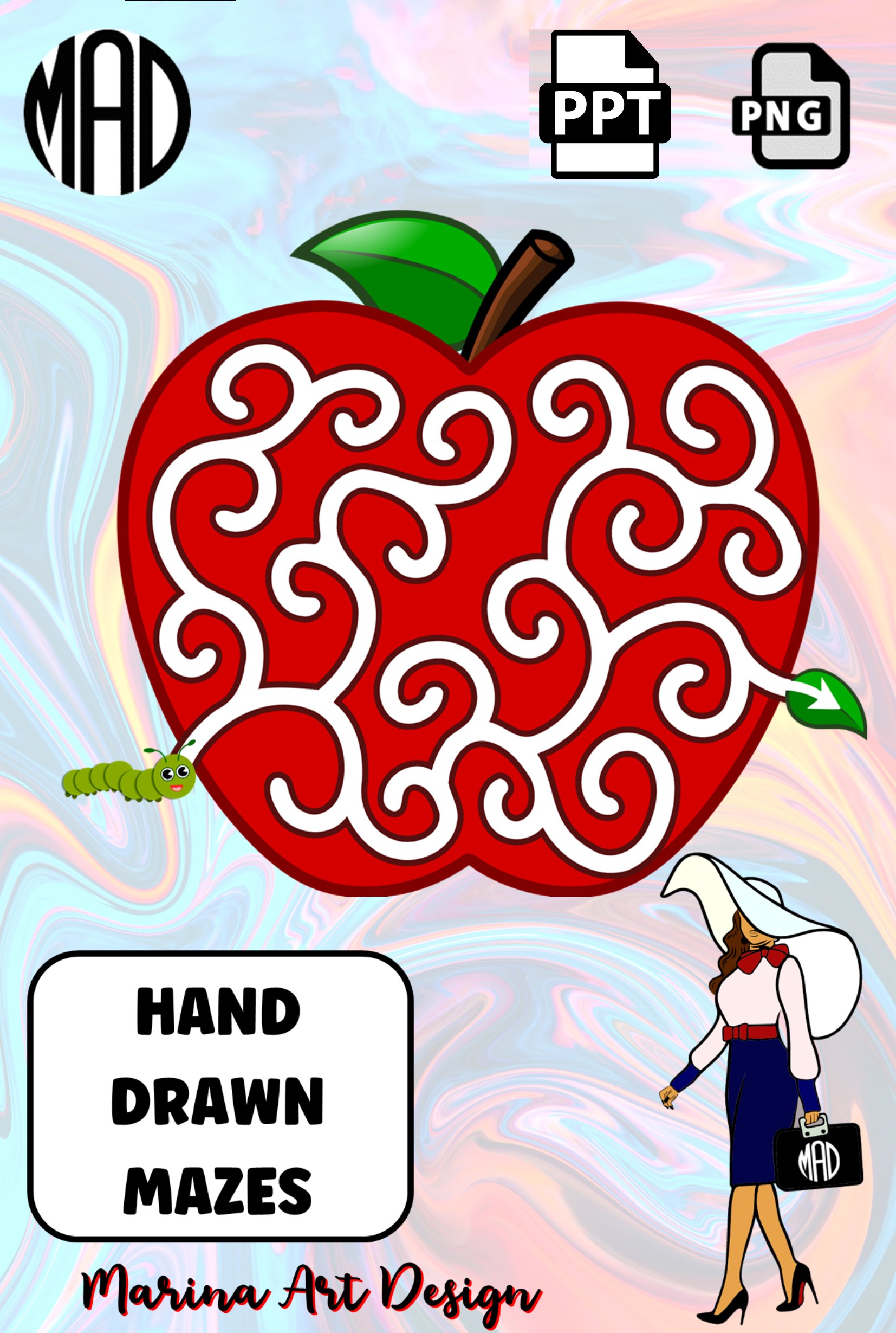 Hand drawn apple shaped mazes