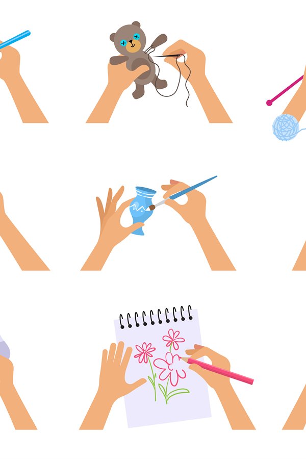 Hands crafting. Kids knitted drawing illustrations with brus