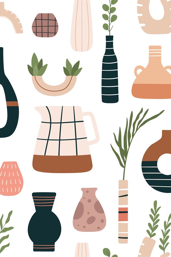 Vase seamless pattern. Ceramic vases, jugs and jars with tro