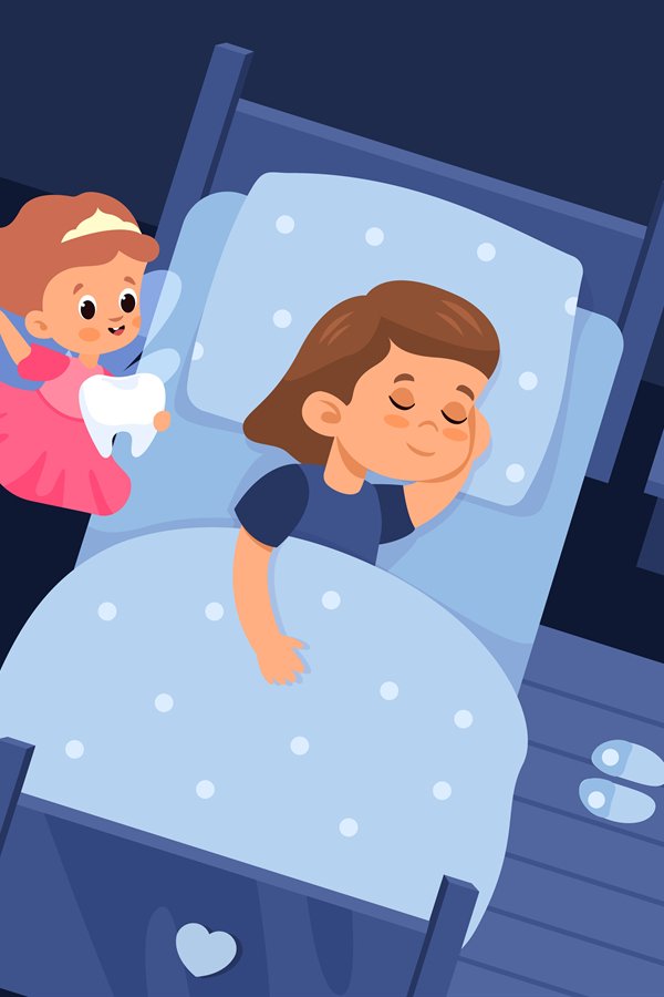 Tooth fairy and sleeping child. Cartoon girl in bed and cute