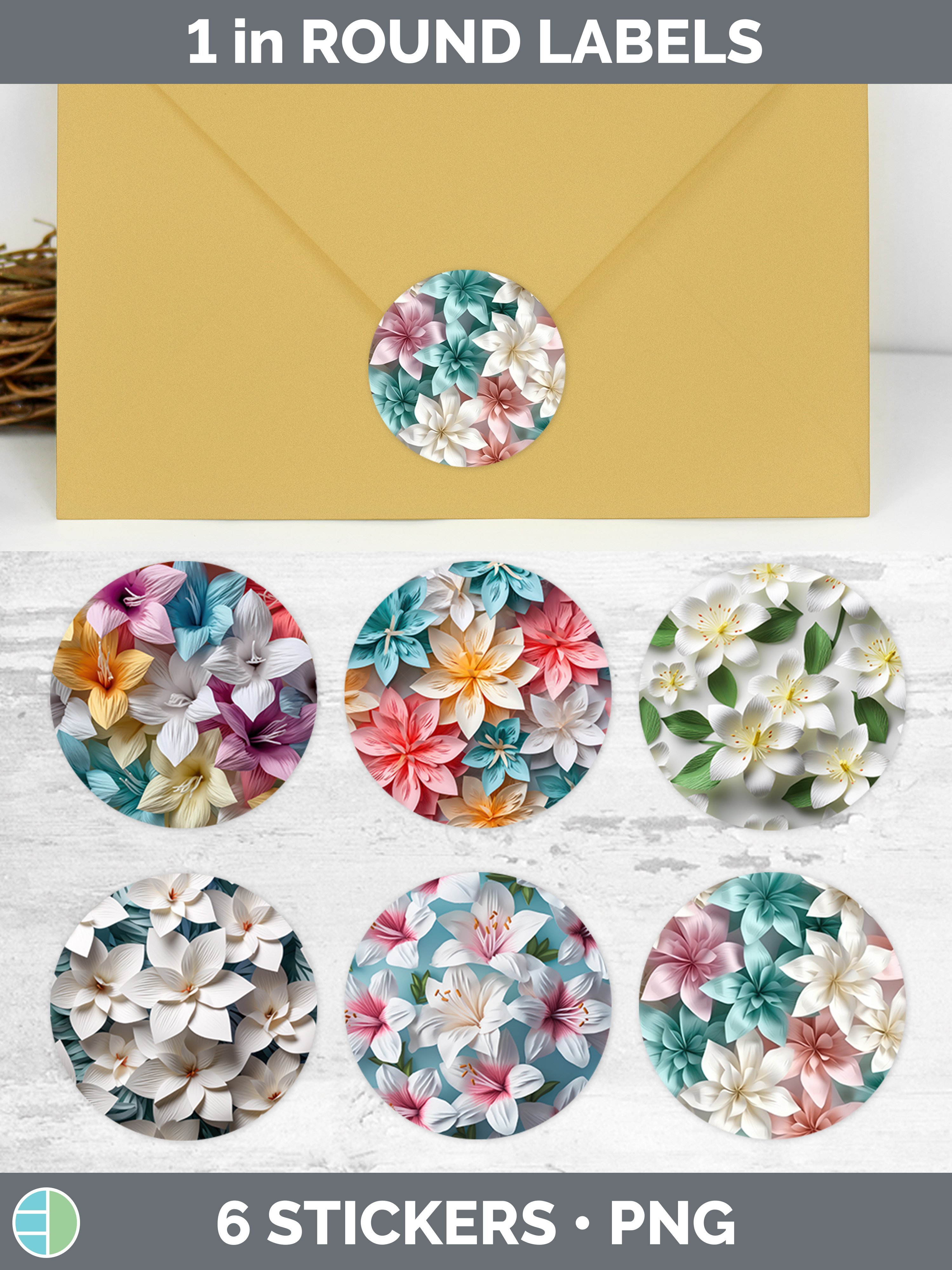 3D Paper Azalea Flowers Stickers | Round Labels Designs Bund