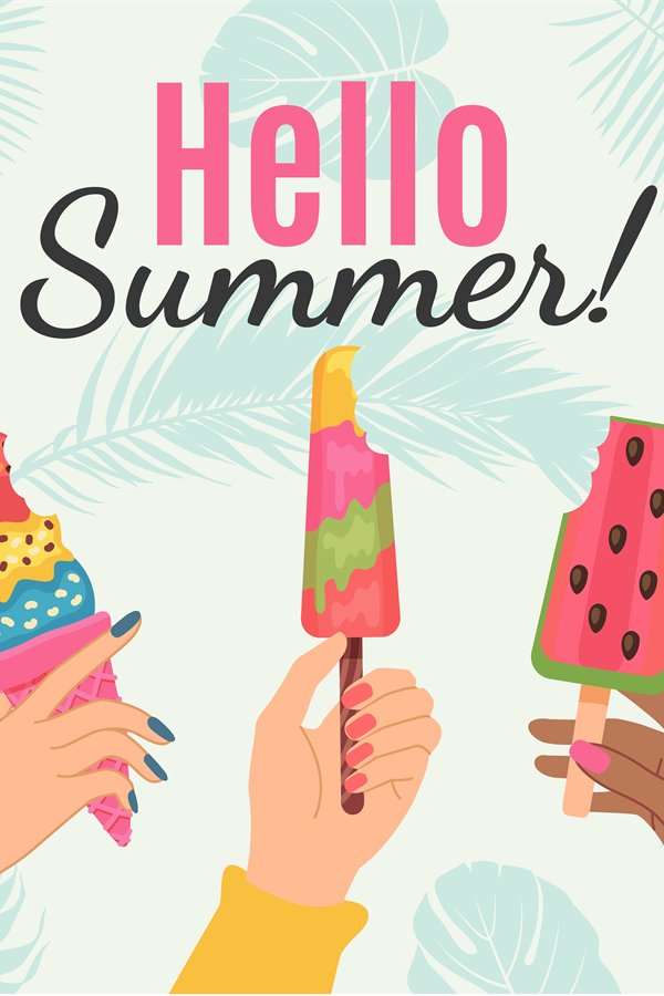 Hello summer poster. Female hands holding ice cream and wate