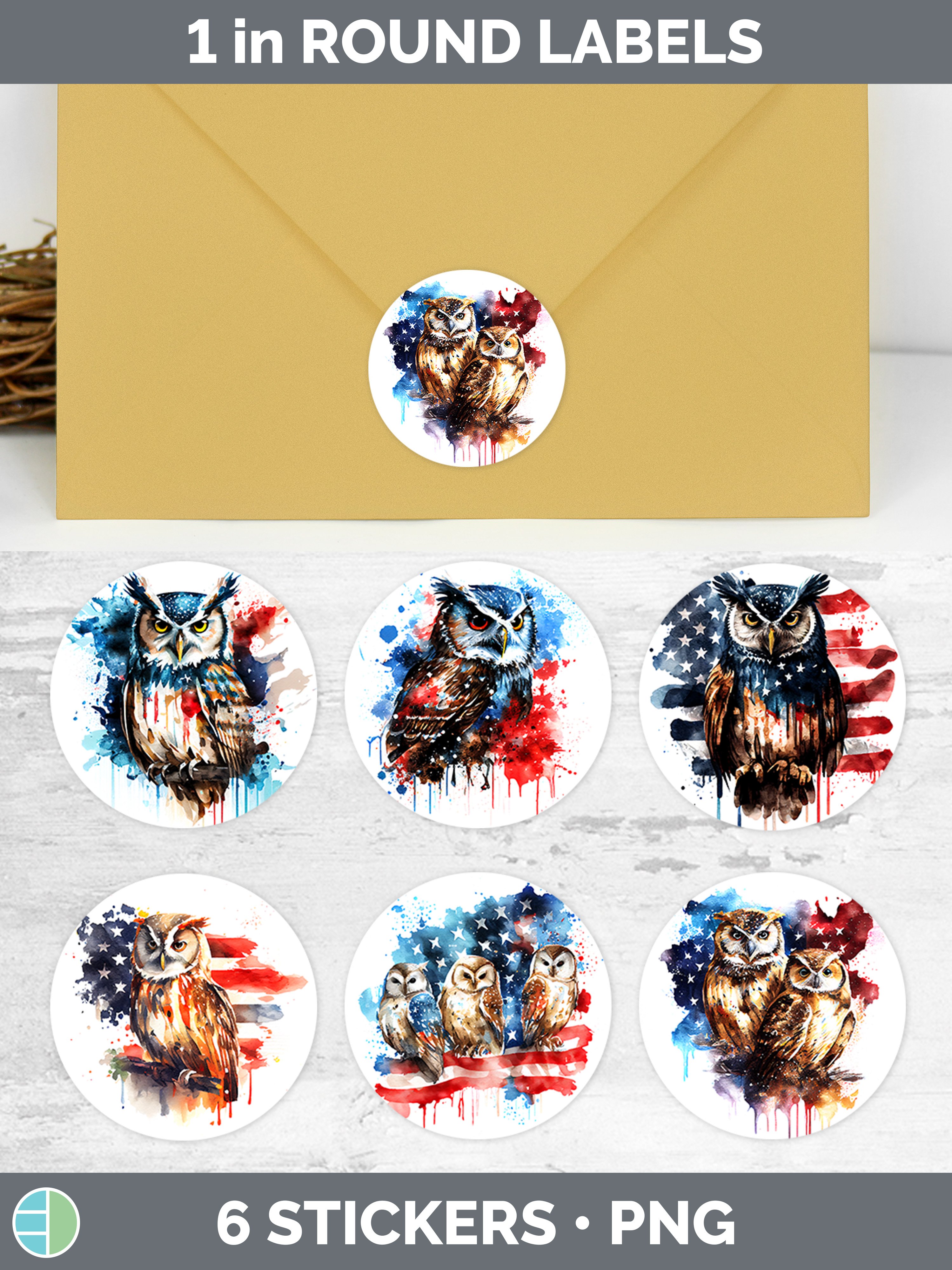 Patriotic Owl Bird Stickers | Round Labels Designs Bundle