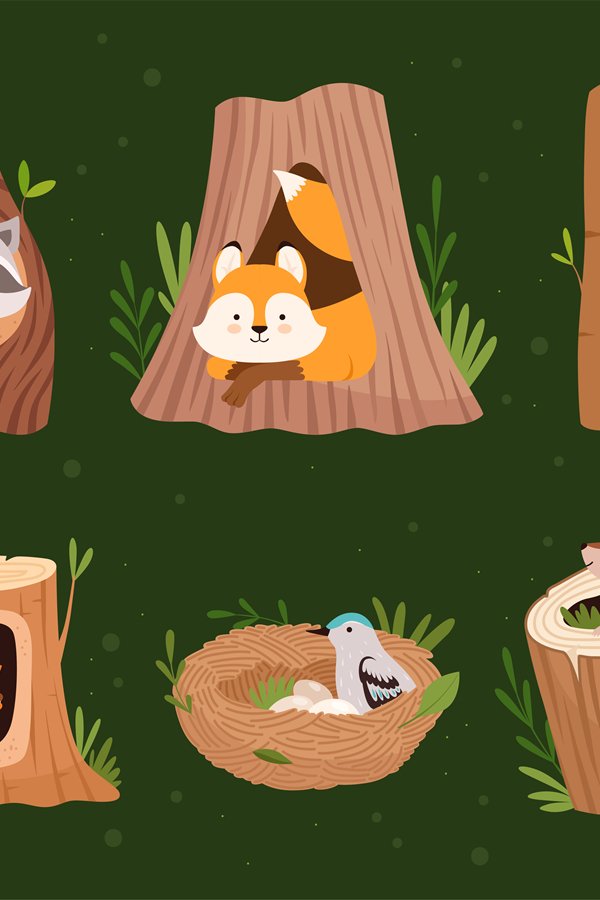 Animals hollow. Wood forest trees with holes for wild animal