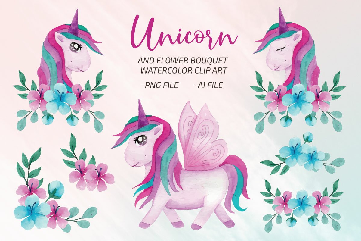 Unicorn Watercolor Clip Art Set PNG (1423027)