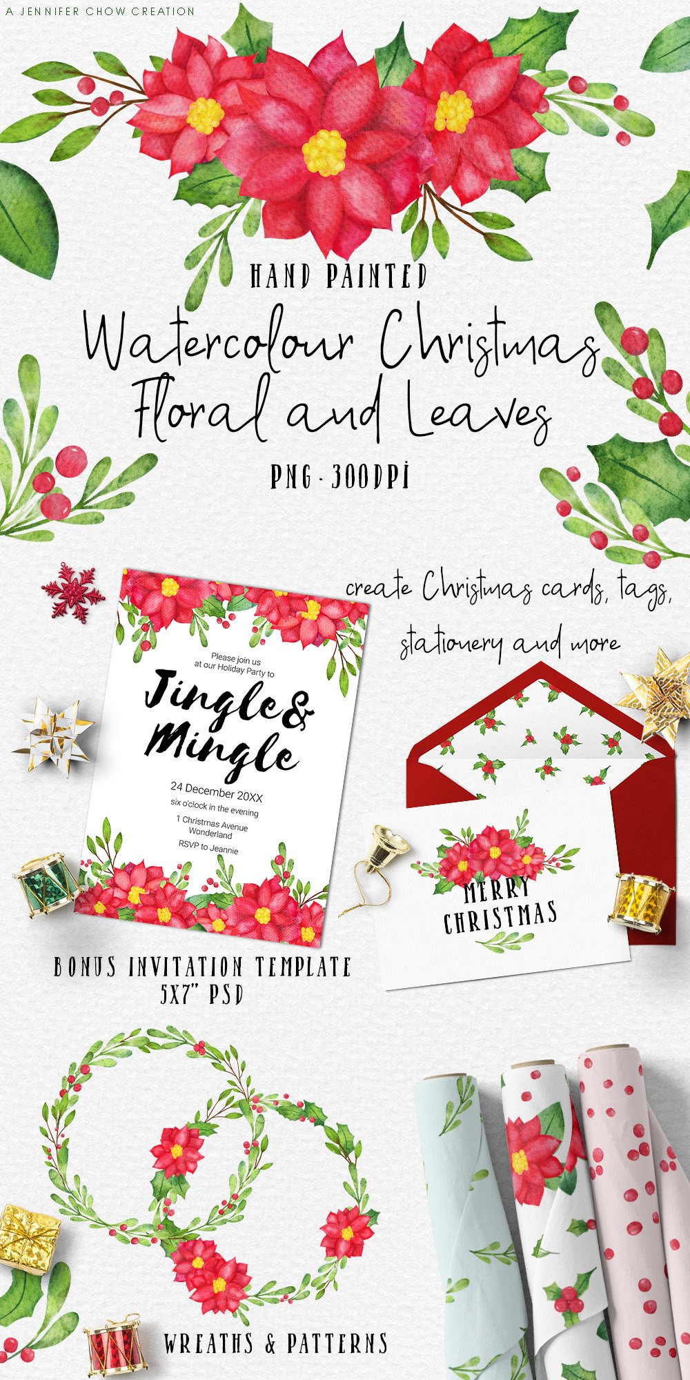 Hand Painted Christmas Watercolor Floral Set