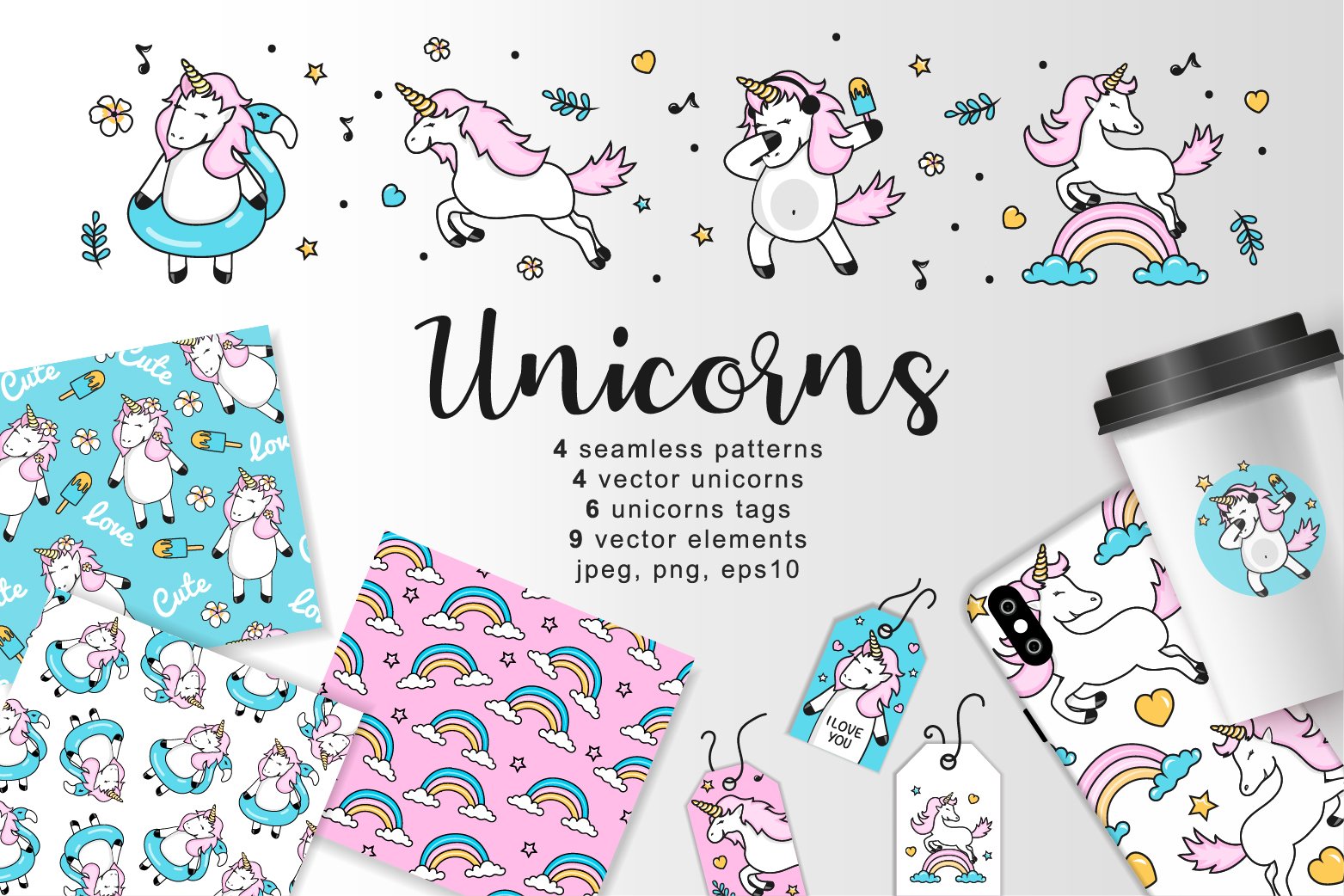 Vector unicorns set, 4 vector seamless pattern