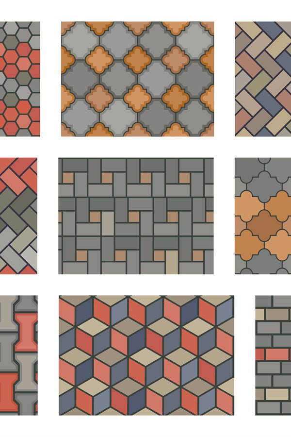 Seamless stone tiles pavement vector set. landscape design e