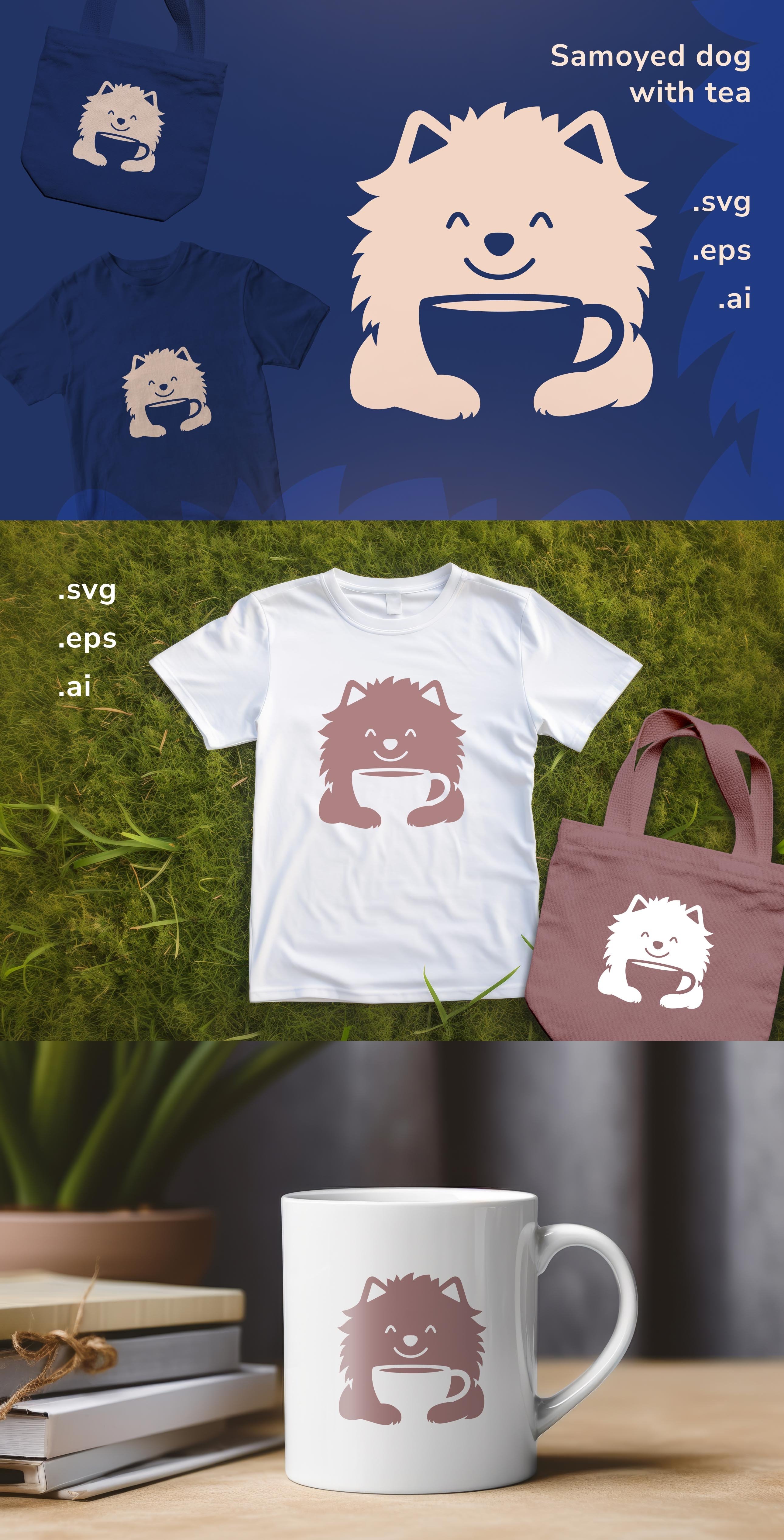 Samoyed Dog, Samoyed Illustration, Dog with Tea Cup