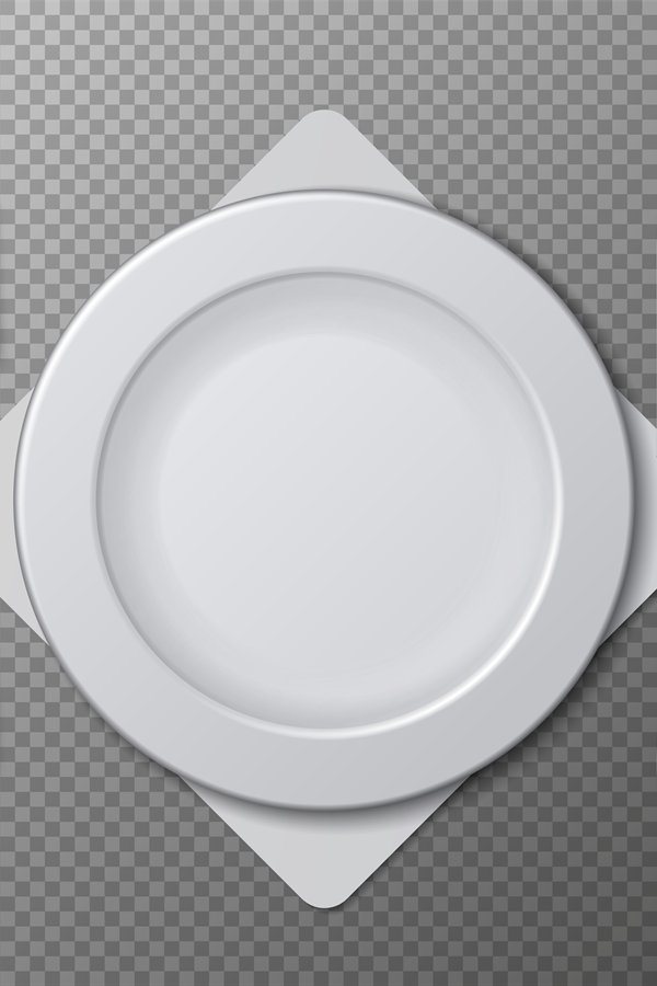 Realistic plate, cutlery vector. Table setting with white pl