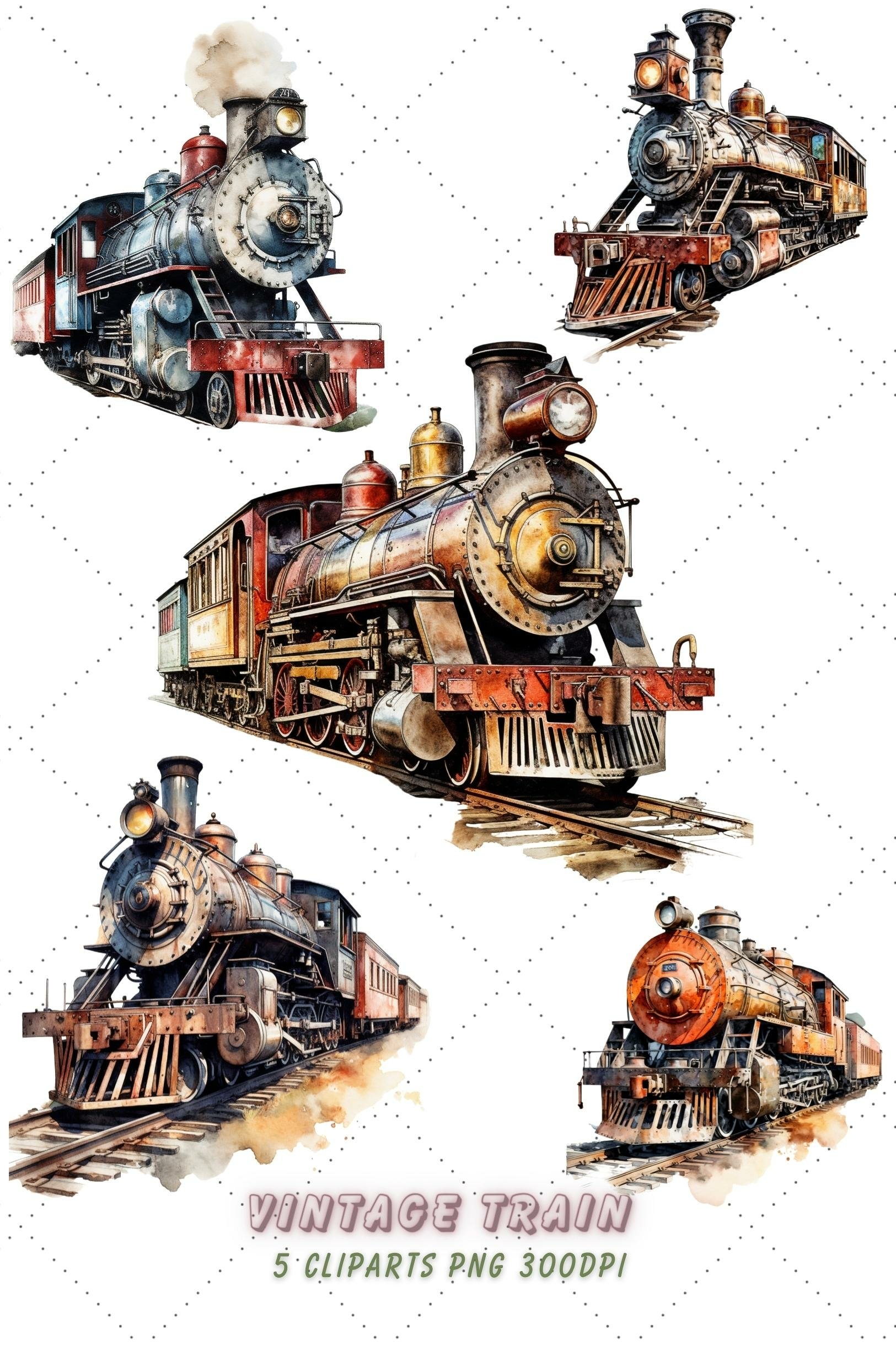 Vintage Train Watercolor Clipart Bundle, Transparent PNG