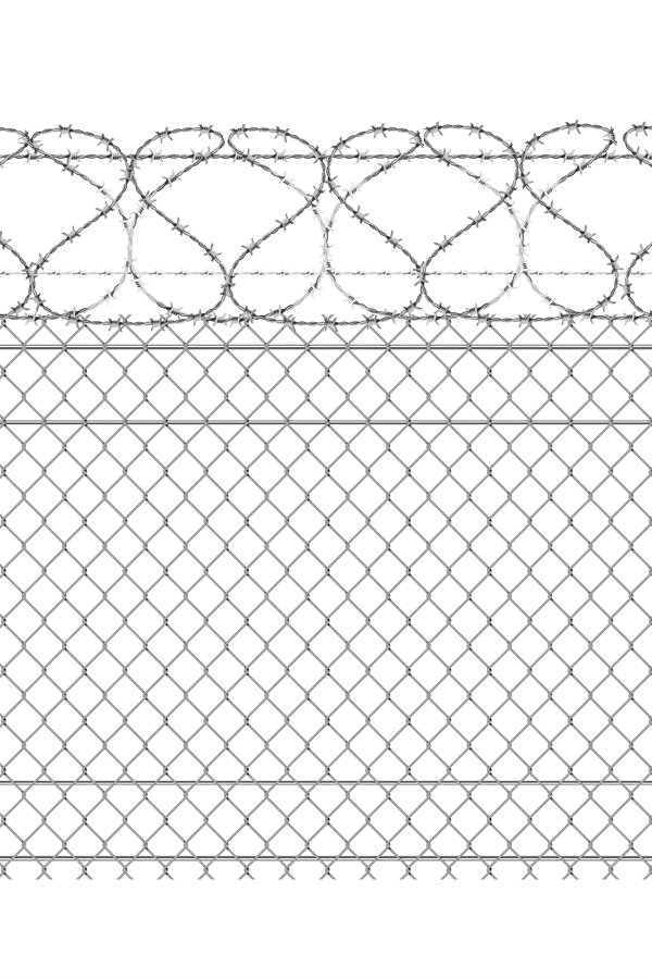 Realistic prison wall, chain fence with barb wire. 3d metal