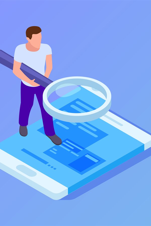 App tester. Isometric man testing mobile app. Man with magni