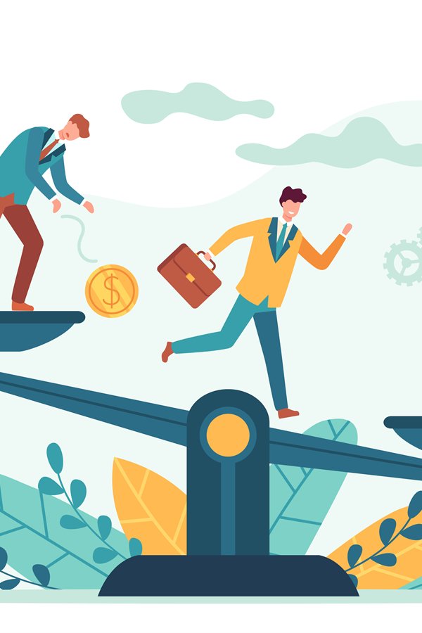 Employees balance scales. Good and bad business tiny people