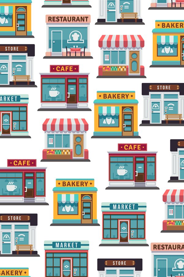 Store fronts seamless pattern - cafe, restaurant, market