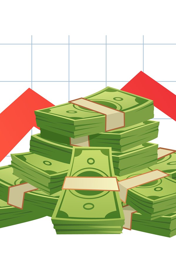 Growing cash graph. Pile of cash, money value red rising gra