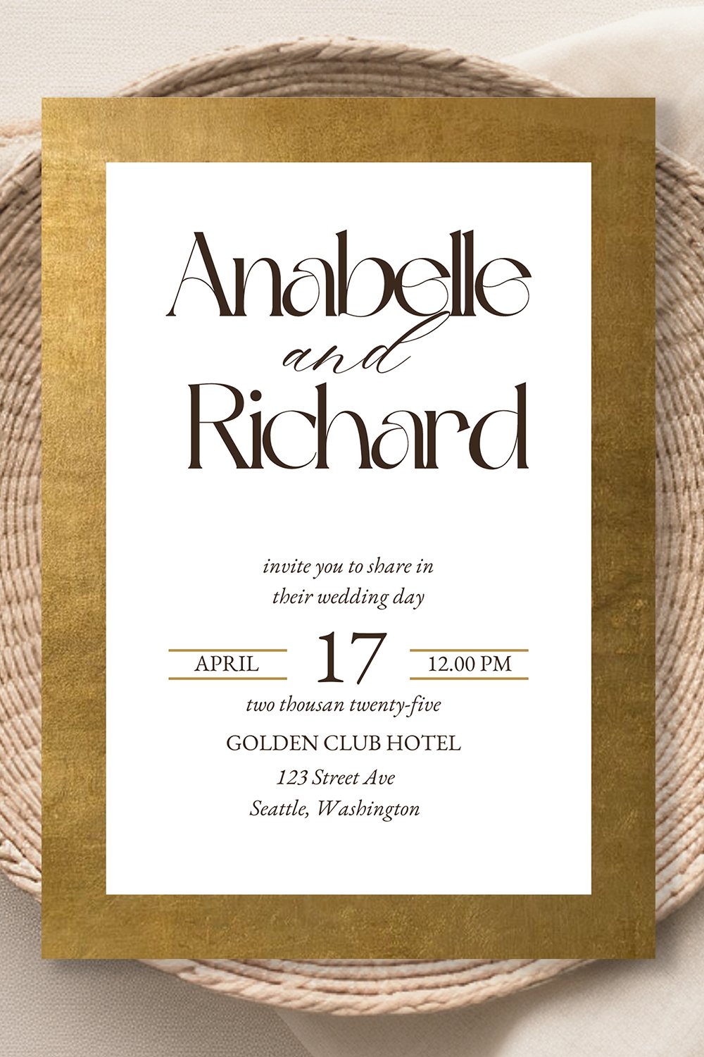 wedding invitation template with gold frame and classic styl