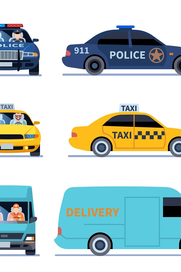 Car view. Delivery truck, police automobile and taxi auto si
