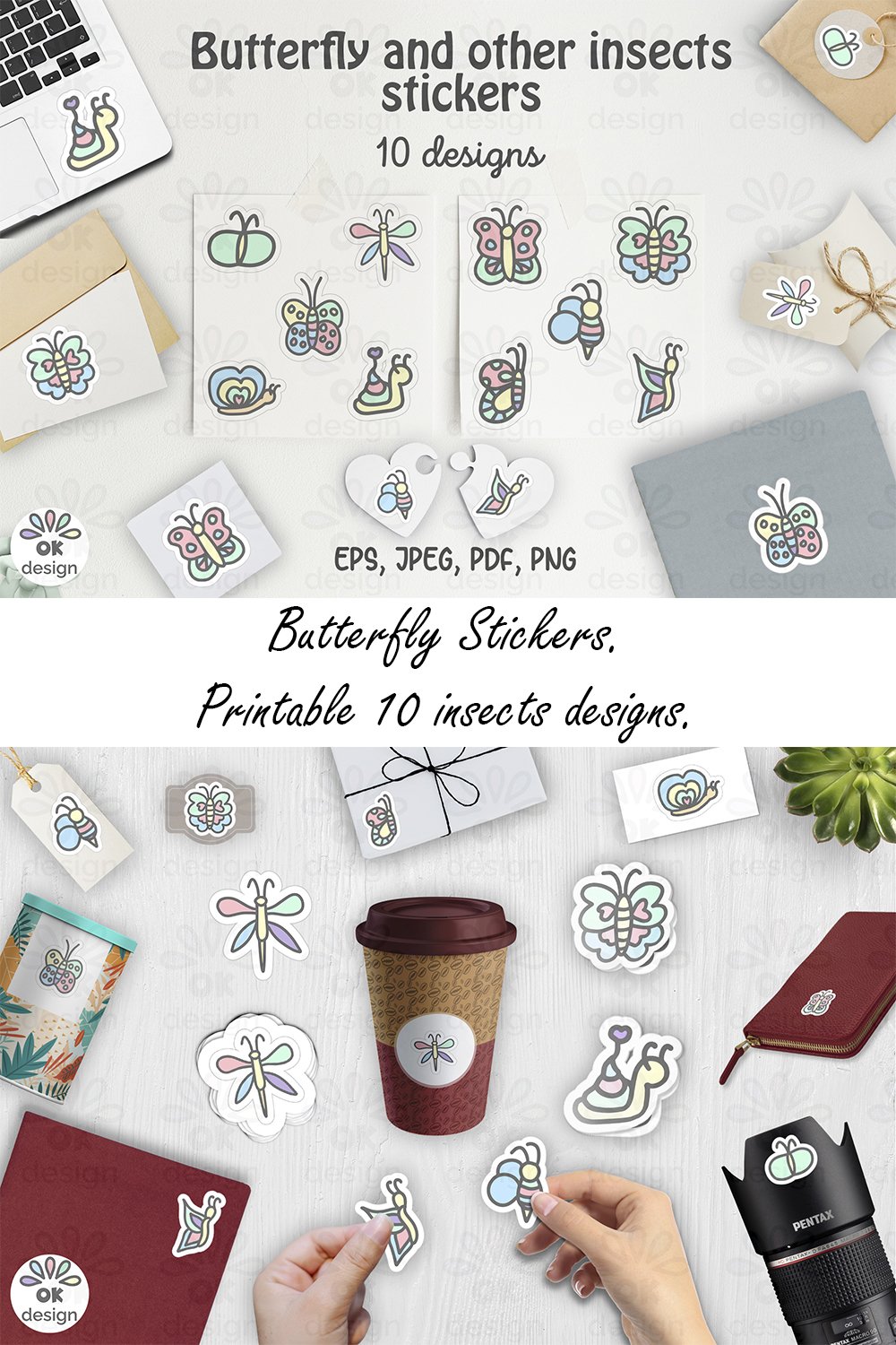 Butterfly Stickers. Printable 10 insects designs. PNG, JPEG.