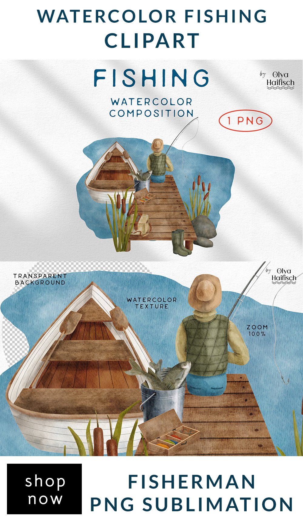 Fishing Watercolor Clipart. Fisher on Lake PNG