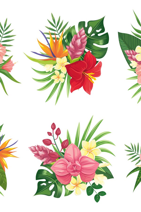 Tropical flowers bouquet. Exotic palm leaves, floral tropic