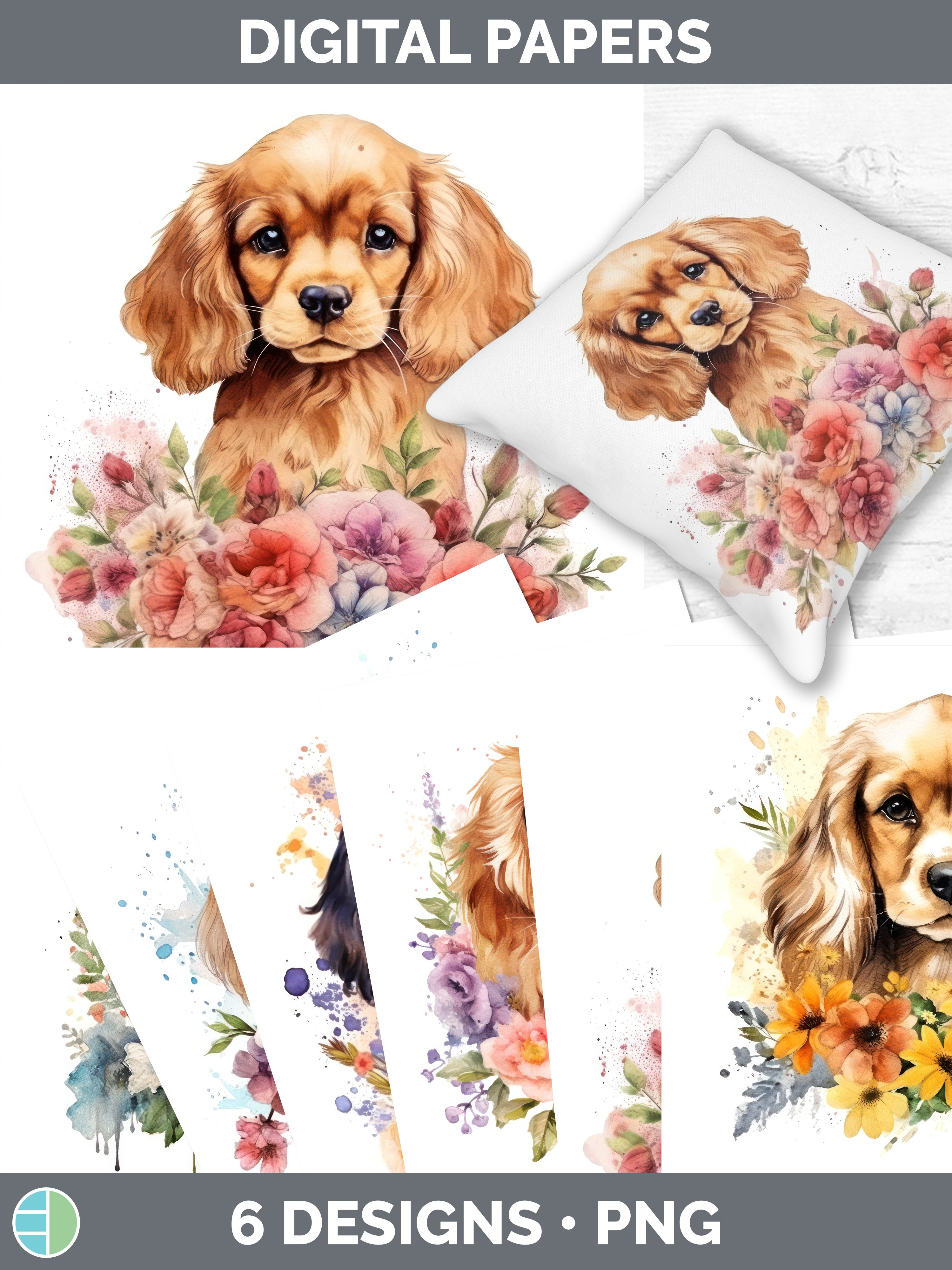 Watercolor Spaniel Dog Paper Backgrounds | Digital Scrapbook