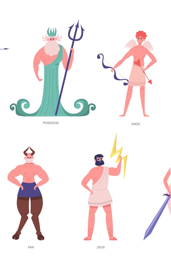 Greek gods and goddess. Olympic cartoon gods and heroes, pos