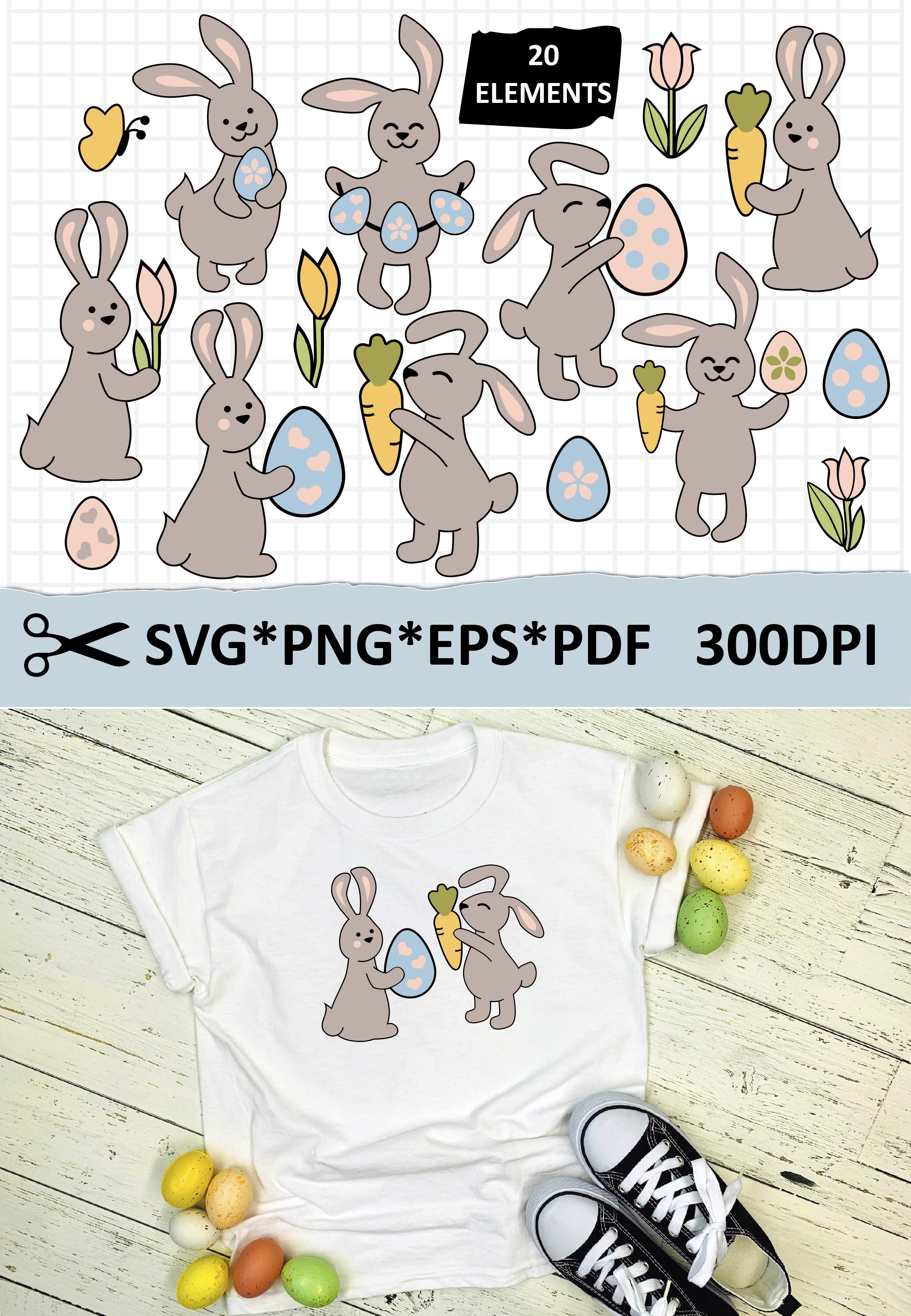 Easter bunnies, rabbits with eggs and carrots clipart, SVG