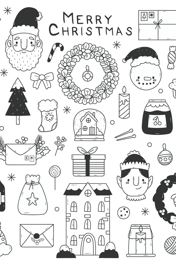 Christmas doodle elements. Winter holidays hand drawn Santa,