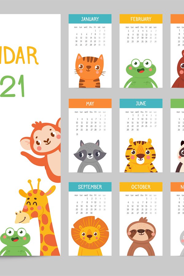 Animals calendar 2021. Cute monthly calendar with different