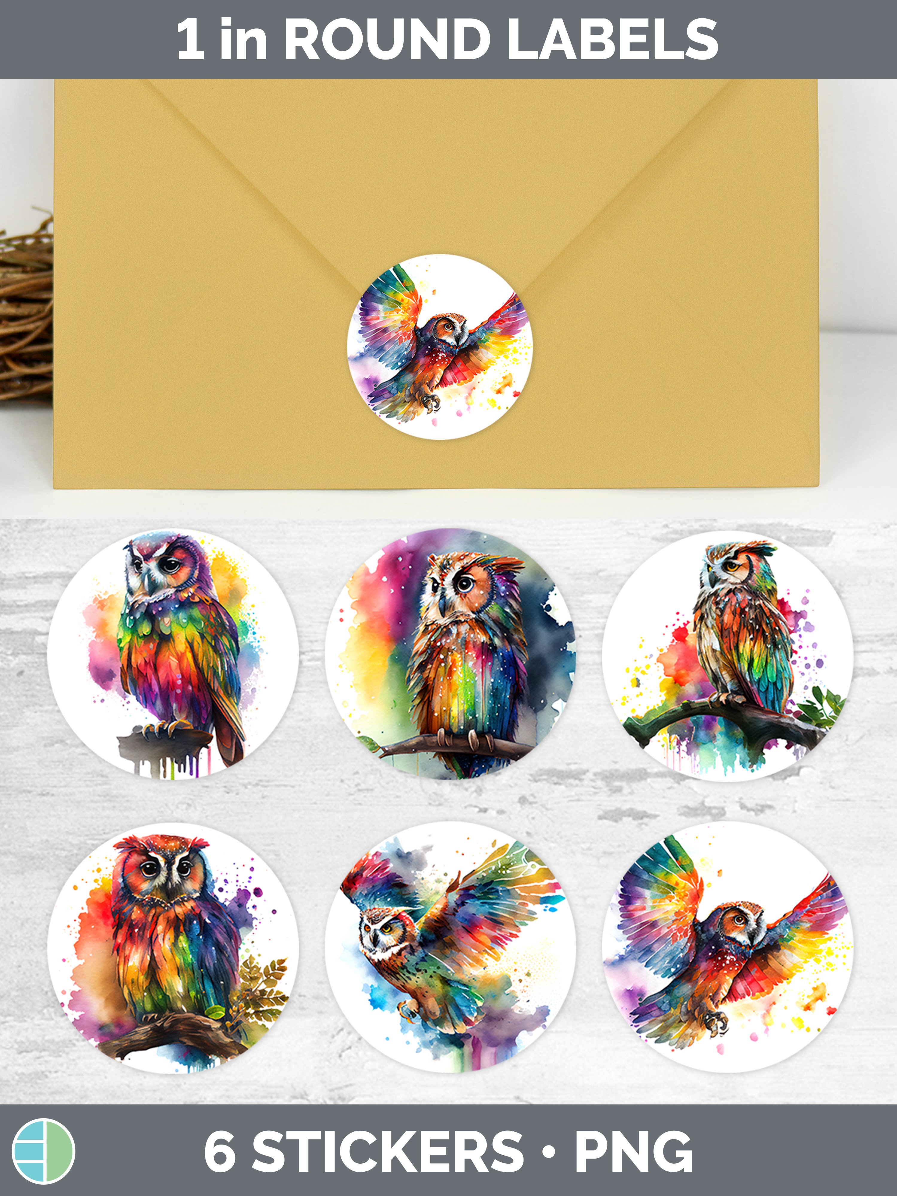 Rainbow Tufted Owl Stickers | Round Labels Designs Bundle