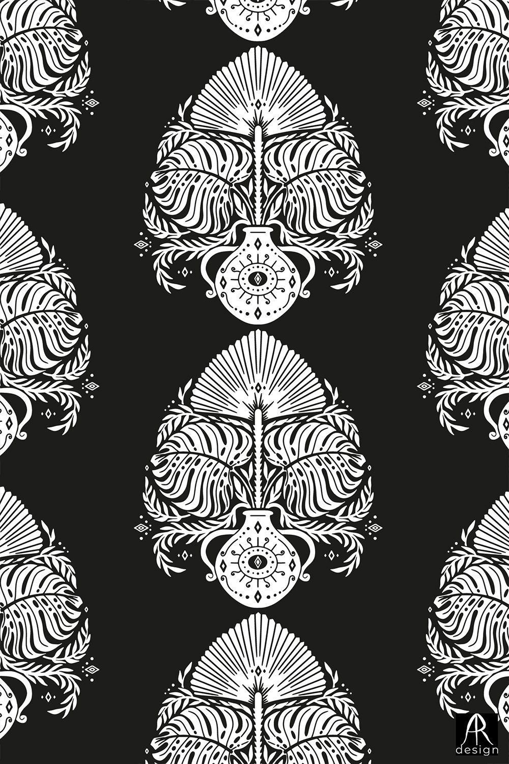 Esoteric Black and White Tropical Damask Repeat Patterns