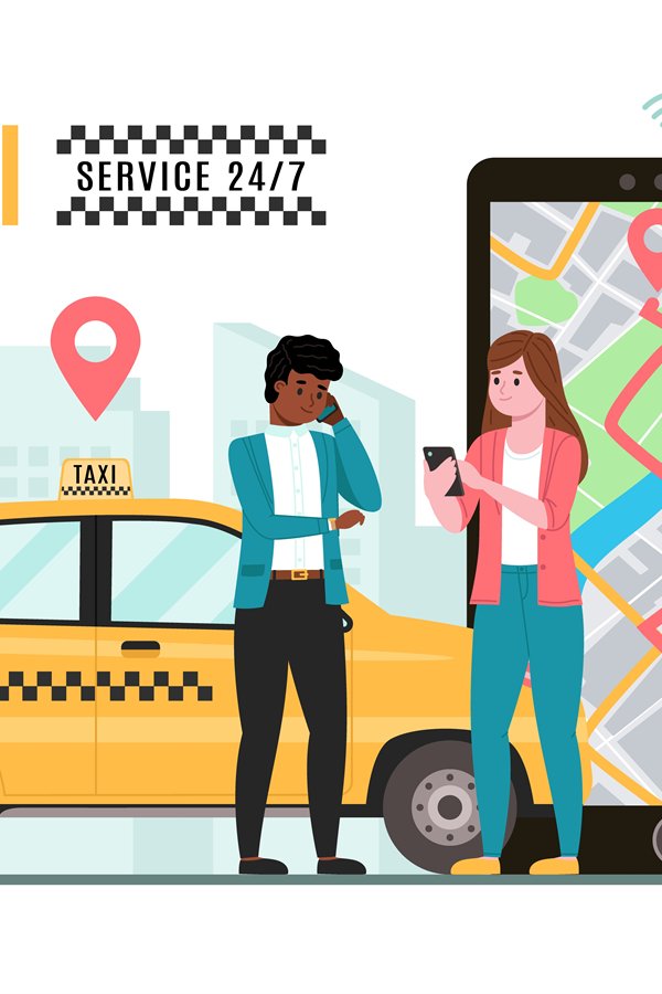 Taxi online service. Calling car via mobile app, people wait