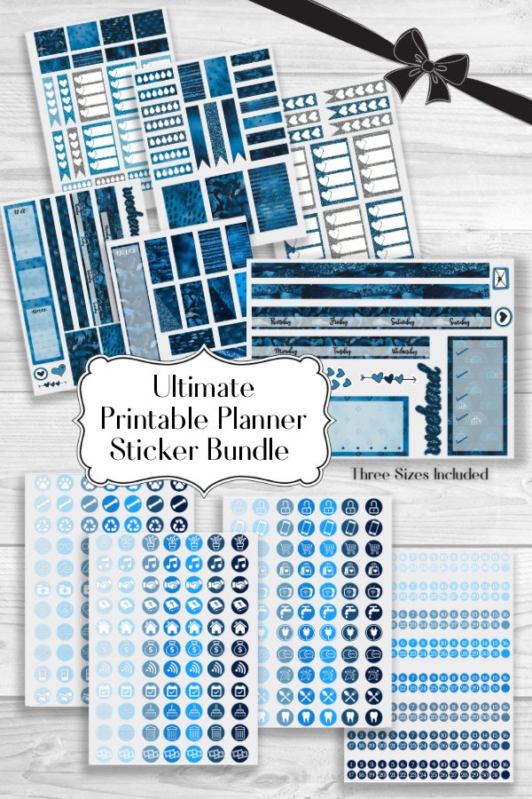 Ocean Fish Blue Printable Planner Sticker Kit, Three Sizes