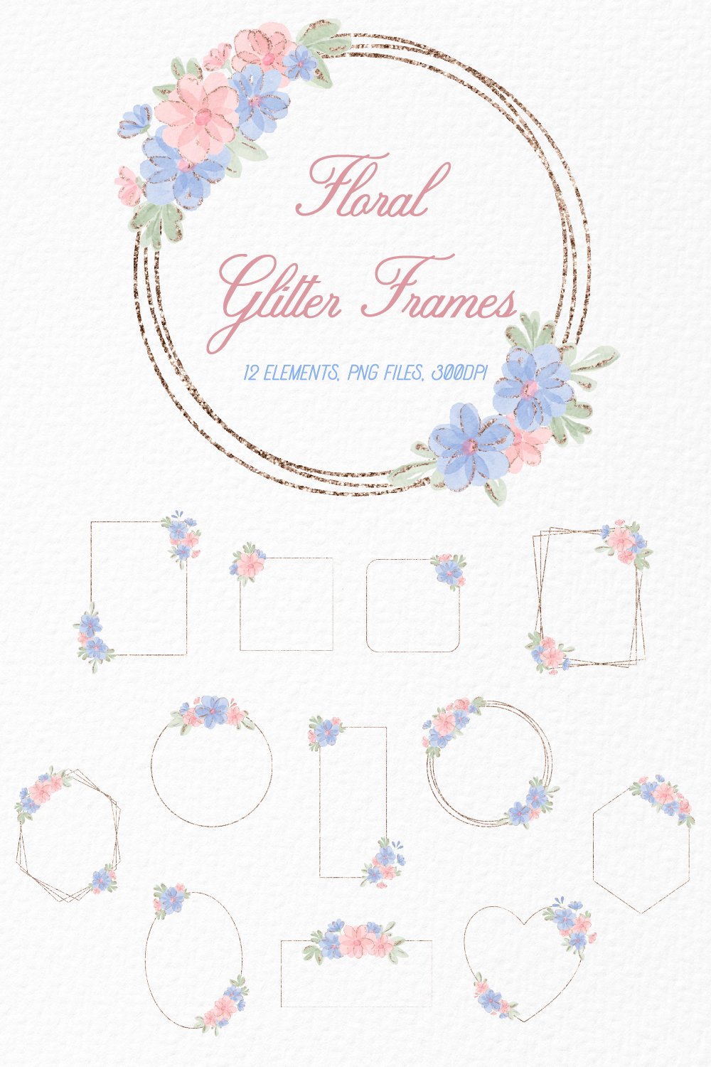 Floral Glitter Frames, Watercolor Flowers, Clipart