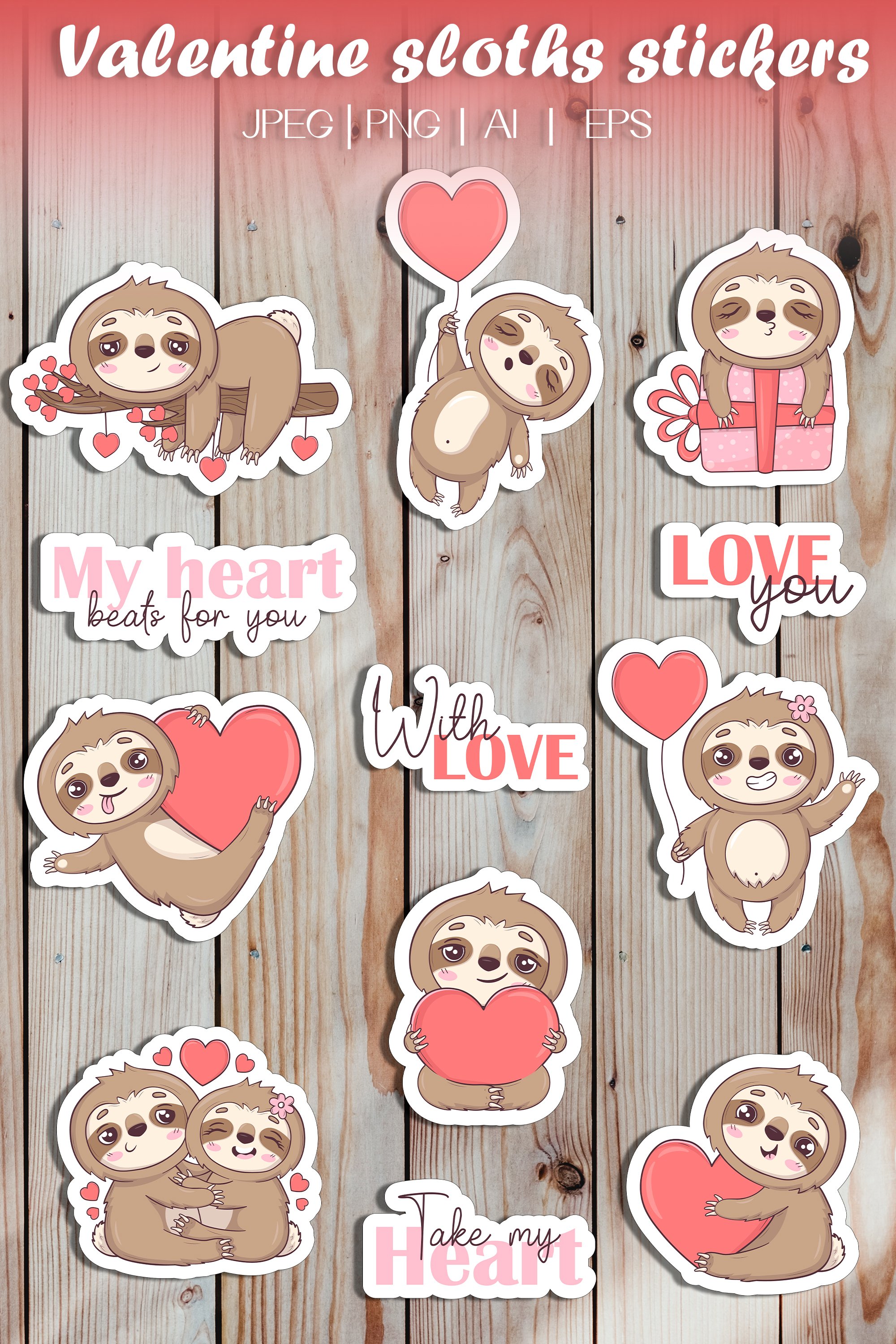 Cute Kawaii sloth in love with hearts | Valentine Stickers