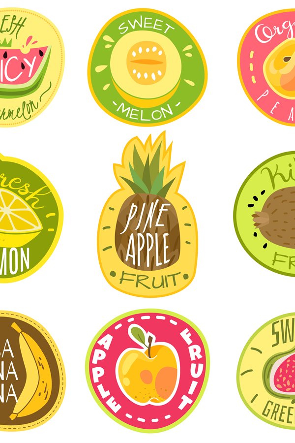 Fruit labels. Juice fresh organic fruit natural vegan food f